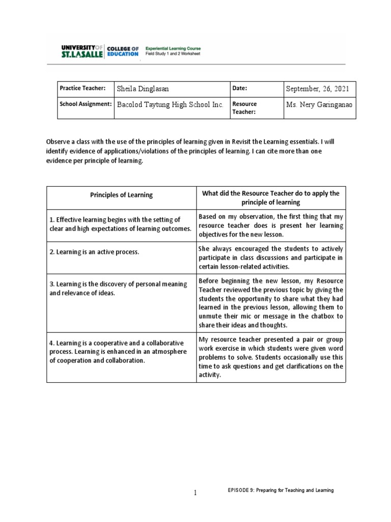 FS1 Worksheet 9 | PDF | Learning | Teachers