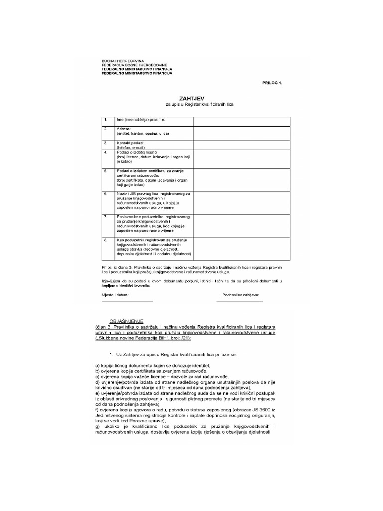 Zahtjev Za Upis U Registar | PDF