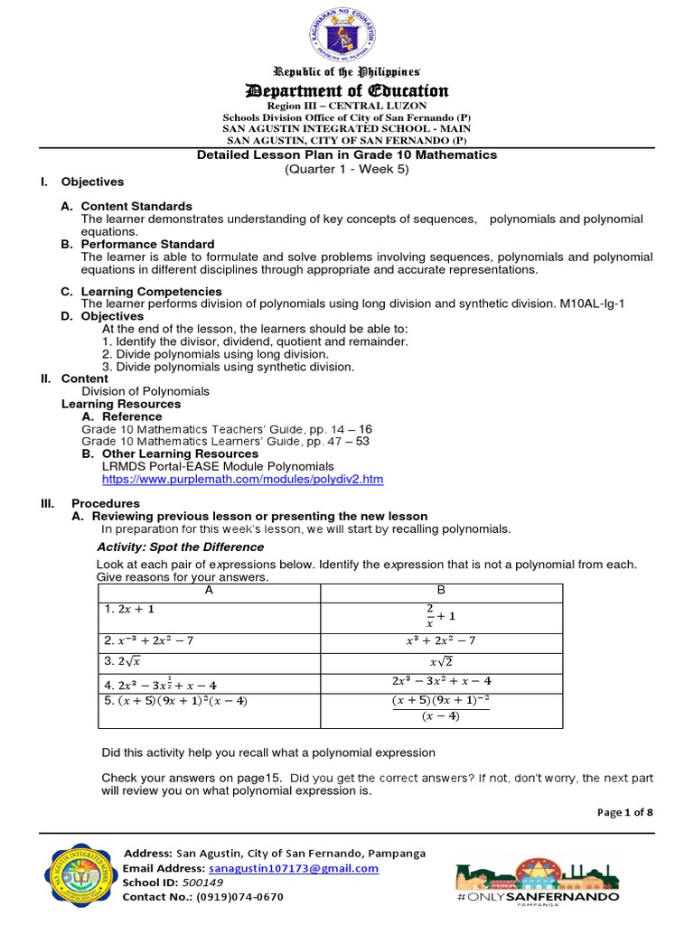 Department of Education: Detailed Lesson Plan in Grade 10 Mathematics ...
