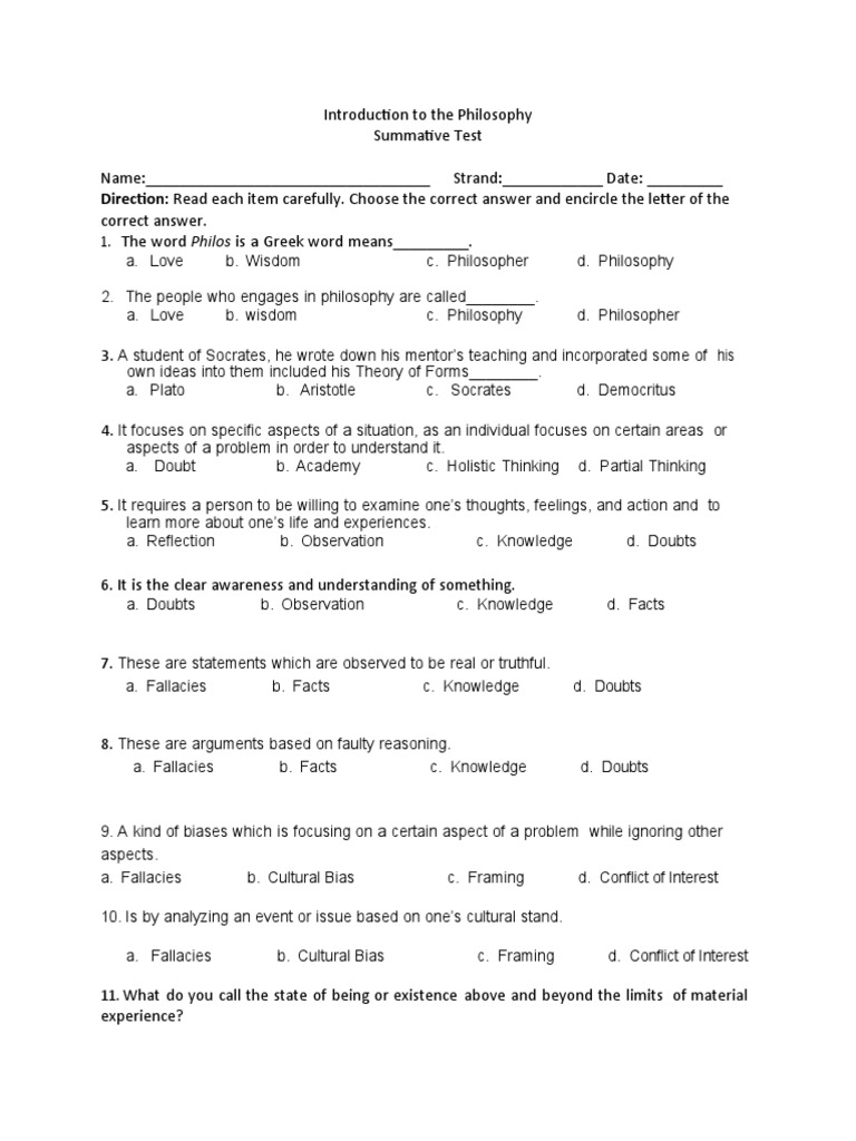 Introduction to Philosophy Summative Test | PDF | Knowledge | Socrates