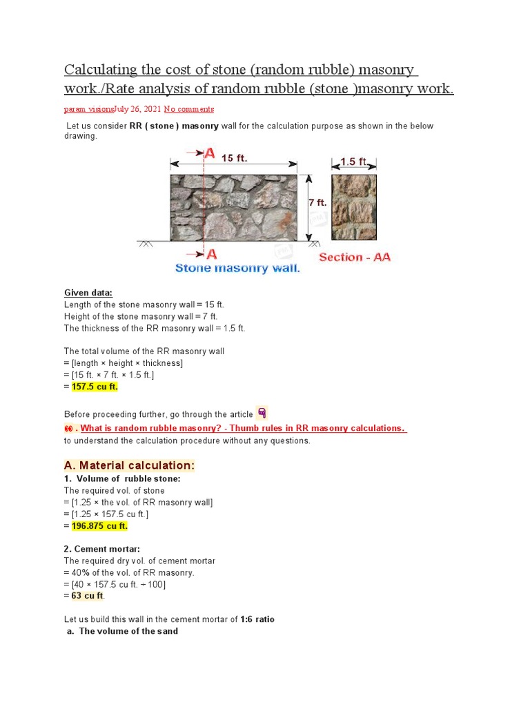 Calculating The Cost of Stone (Random Rubble) Masonry Work./rate ...