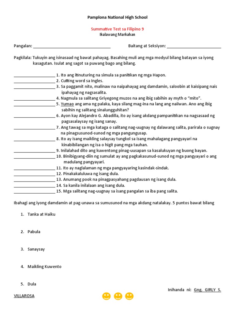 Summative Test 2nd Quarter | PDF