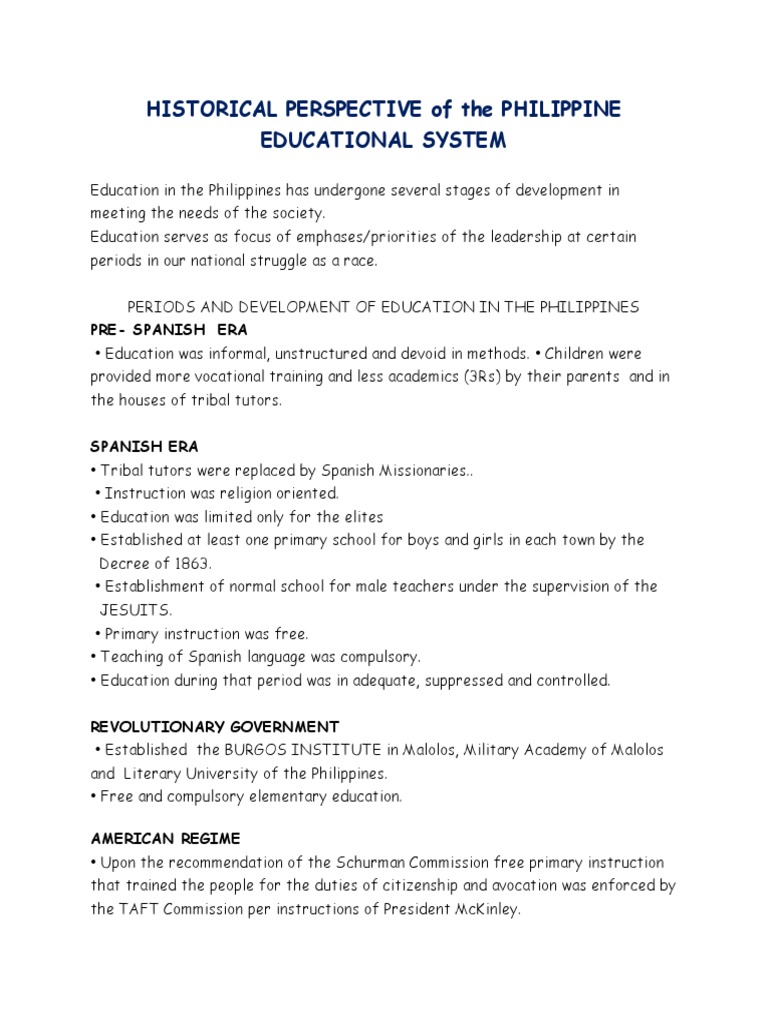 HISTORICAL PERSPECTIVE of The PHILIPPINE EDUCATIONAL SYSTEM | PDF ...