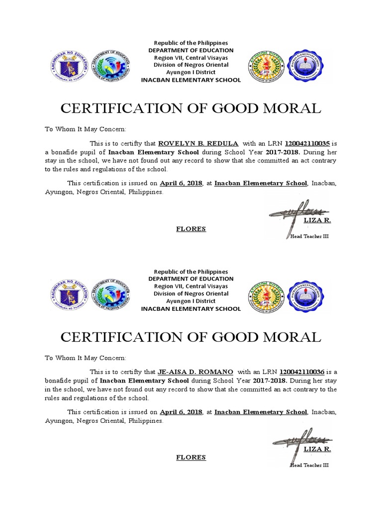 Certification of Good Moral Character: Inacban Elementary School | PDF