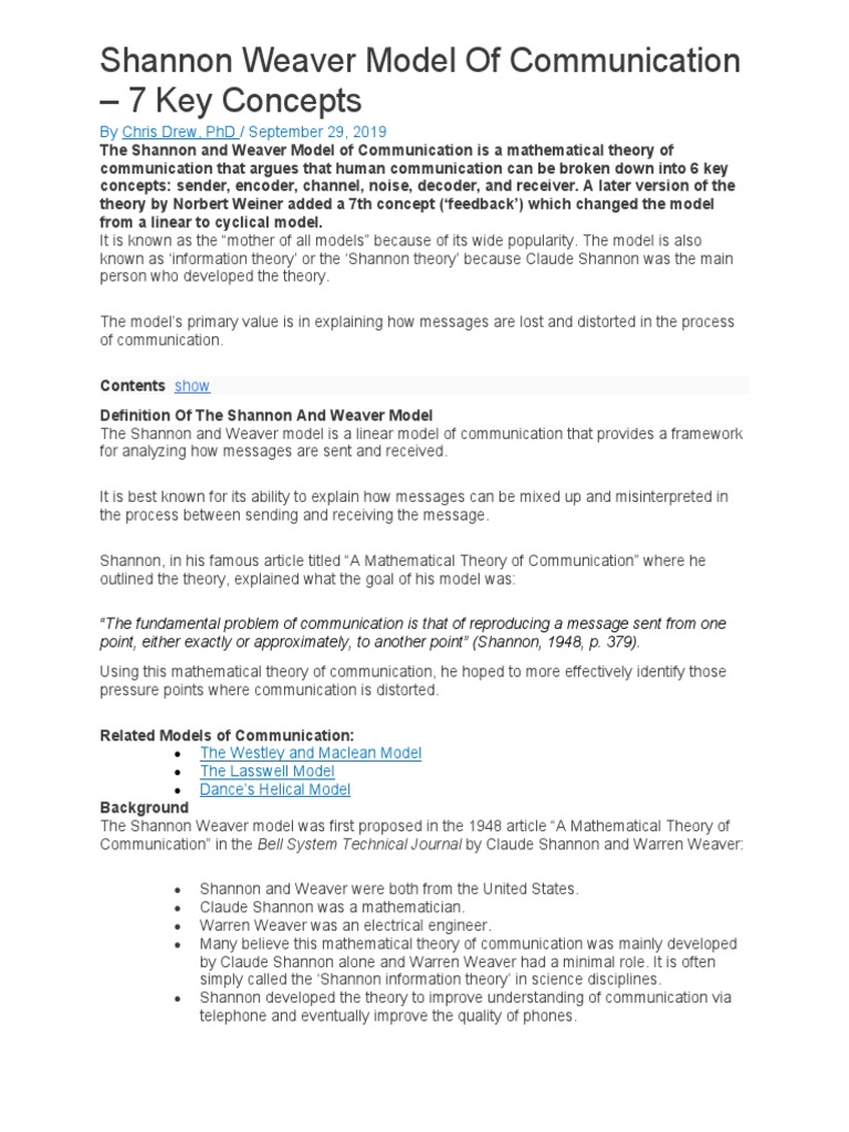 Shannon Weaver Model of Communication - 7 Key Concepts: by Chris Drew ...