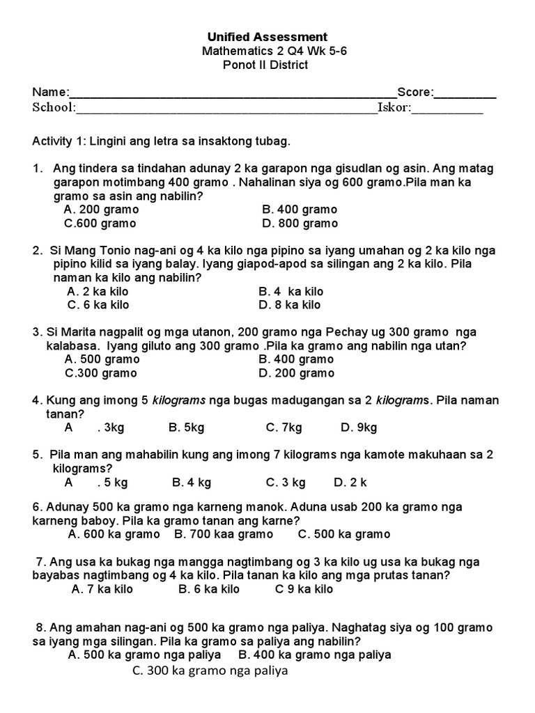 Math 2 Q4assessment Test W5 W6 | PDF