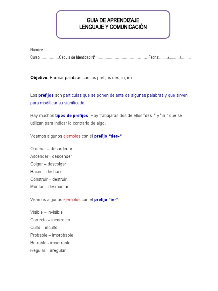 Ejercicios sobre Prefijos Des, In e Im | PDF
