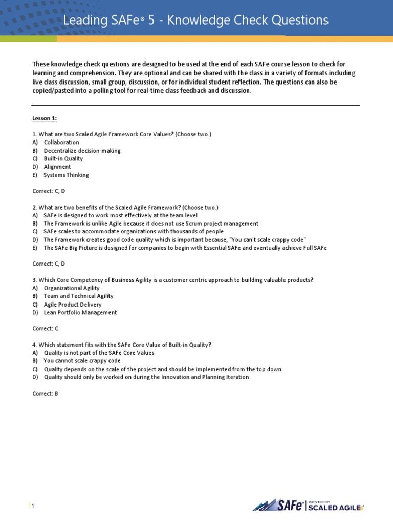 Knowledge Check 1 - Leading SAFe 5 | PDF | Agile Software Development ...