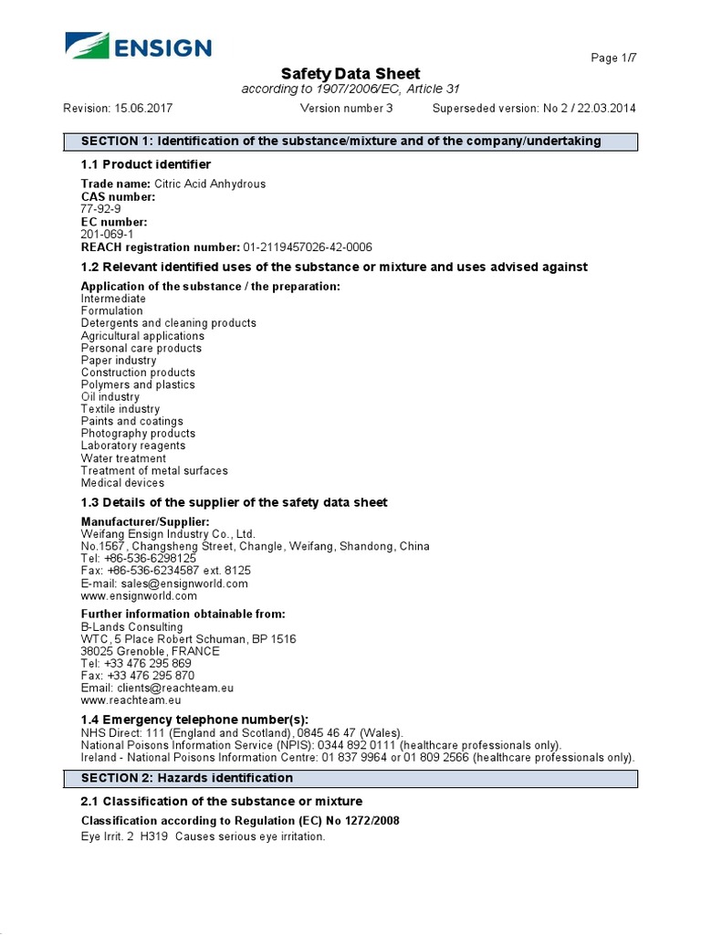 Safety Data Sheet: According To 1907/2006/EC, Article 31 | PDF ...