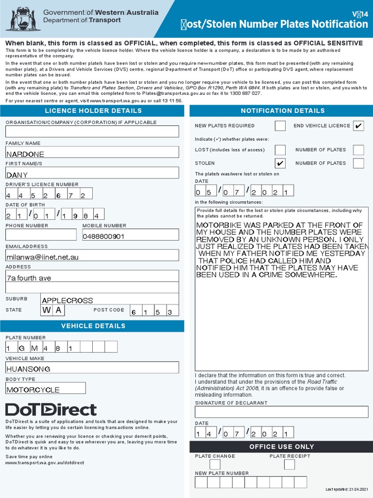Lost - Stolen Number Plates Notification (Form VL14) - LBU - F - VL ...