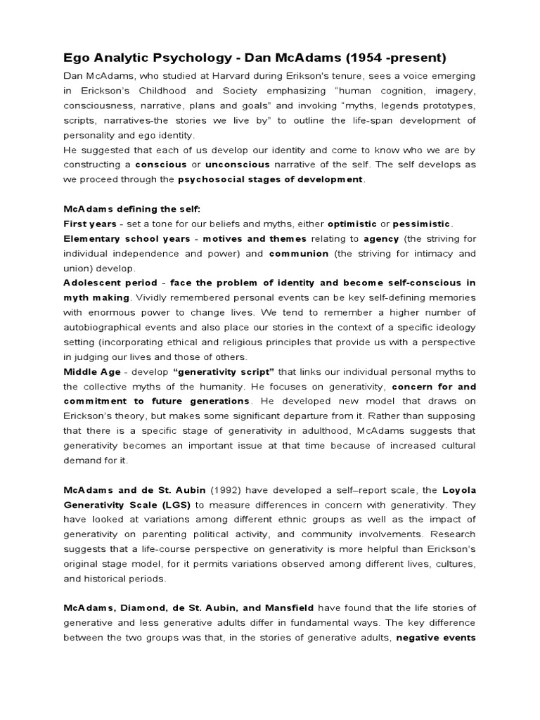 Ego Analytic Psychology - Dan Mcadams (1954 - Present) | PDF | Identity ...