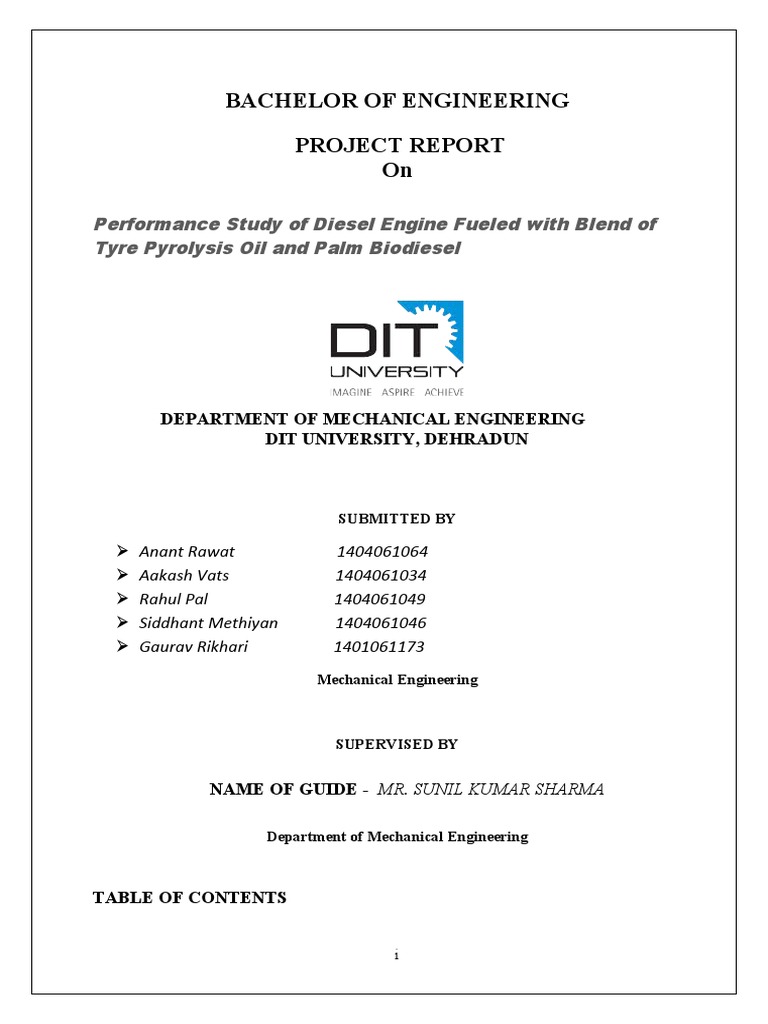 Bachelor of Engineering Project Report On | PDF | Biodiesel | Diesel Fuel