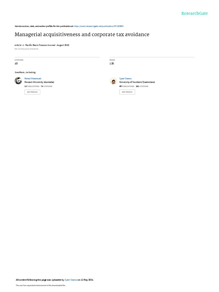 2020 - Managerial Acquisitiveness and Corporate Tax Avoidance | PDF ...