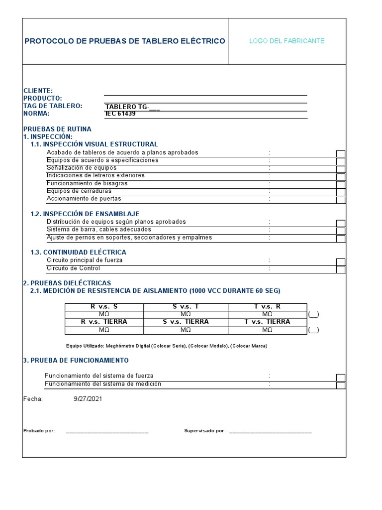 Protocolo de Pruebas de Tablero | PDF | Ingenieria Eléctrica | Bienes manufacturados