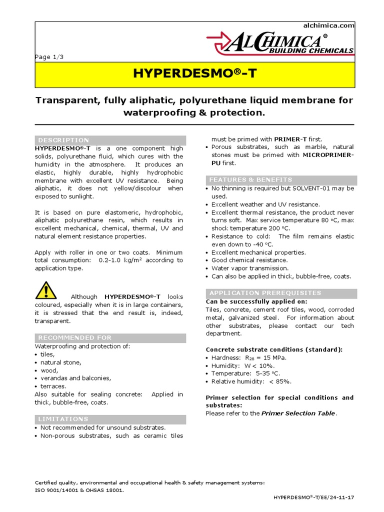 Hyperdesmo - T: Transparent, Fully Aliphatic, Polyurethane Liquid Membrane For Waterproofing ...