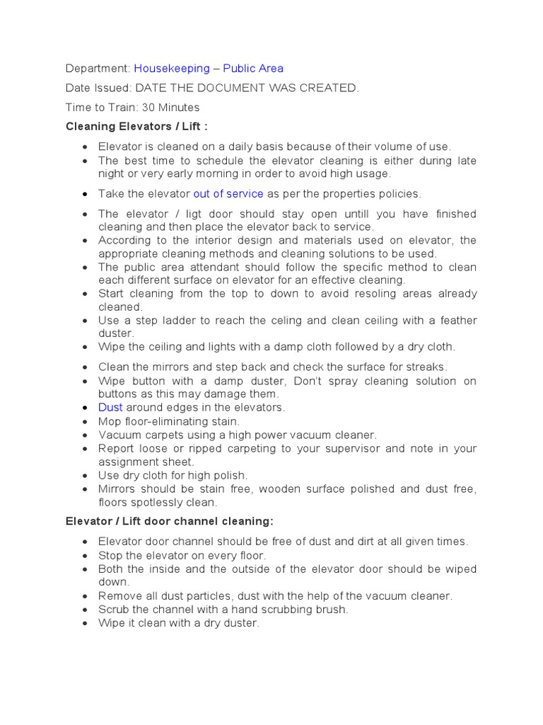 SOP - Cleaning Elevators Lifts | PDF