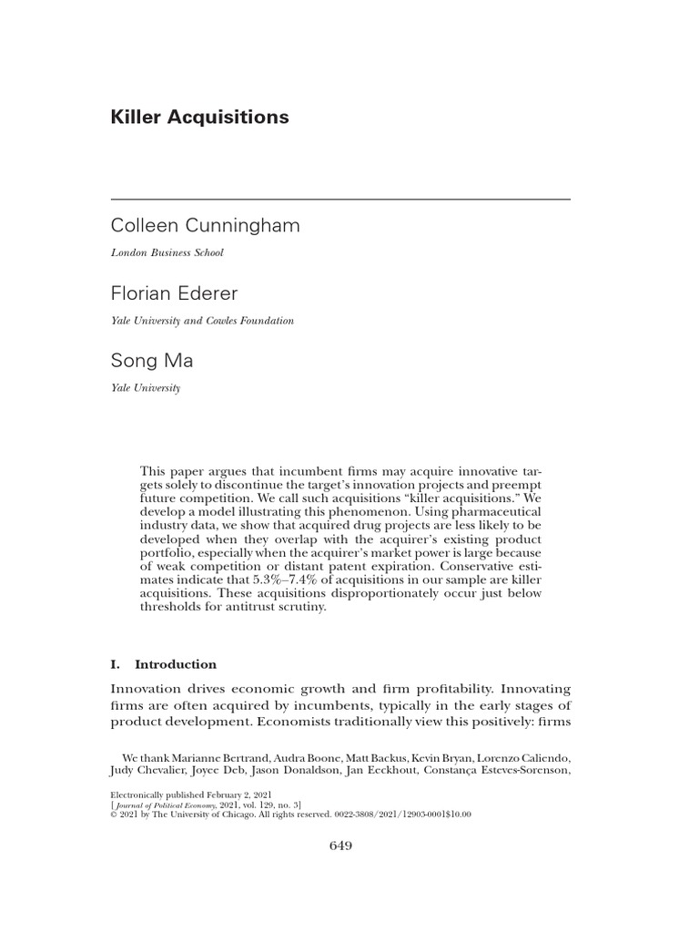 Cunningham Et Al Killer Acquisitions | PDF | Profit (Economics) | Generic Drug