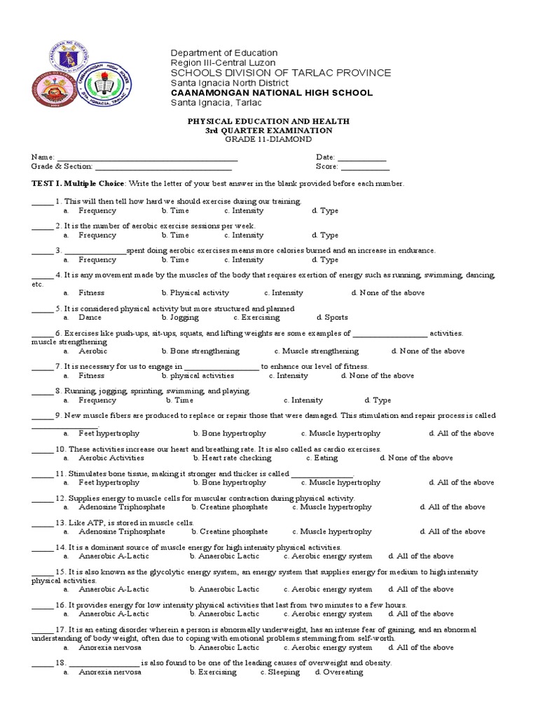 Grade 11 PE & Health Exam | PDF | Muscle | Cellular Respiration