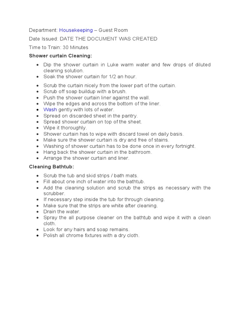 SOP - Housekeeping - Cleaning Shower Curtain and Bathtub | PDF