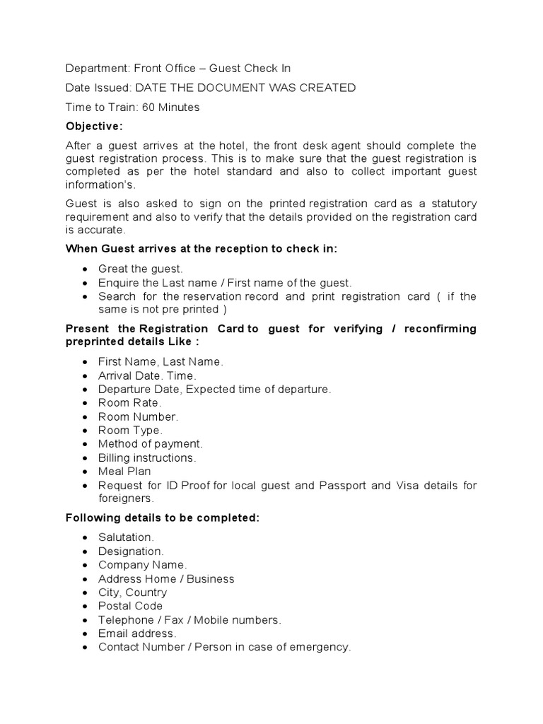 SOP - Front Office - Guest Registration and Check in Process | PDF
