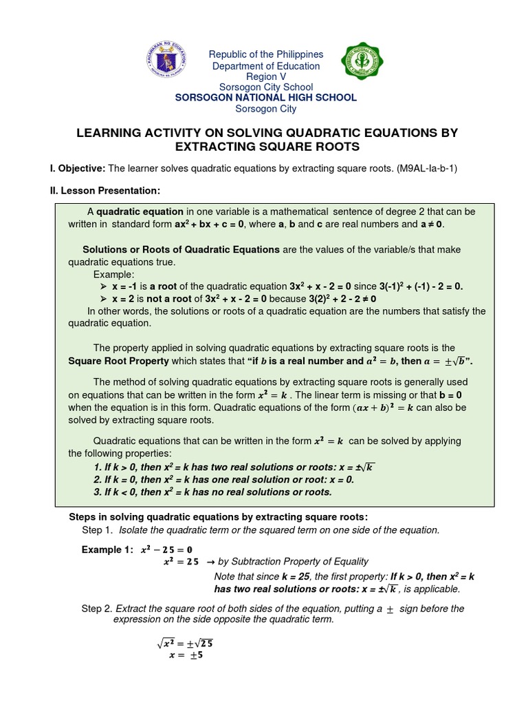 MATH 9 Q1 W1b1 Solutions of QE by Extracting Square Roots | PDF | Equations | Quadratic Equation