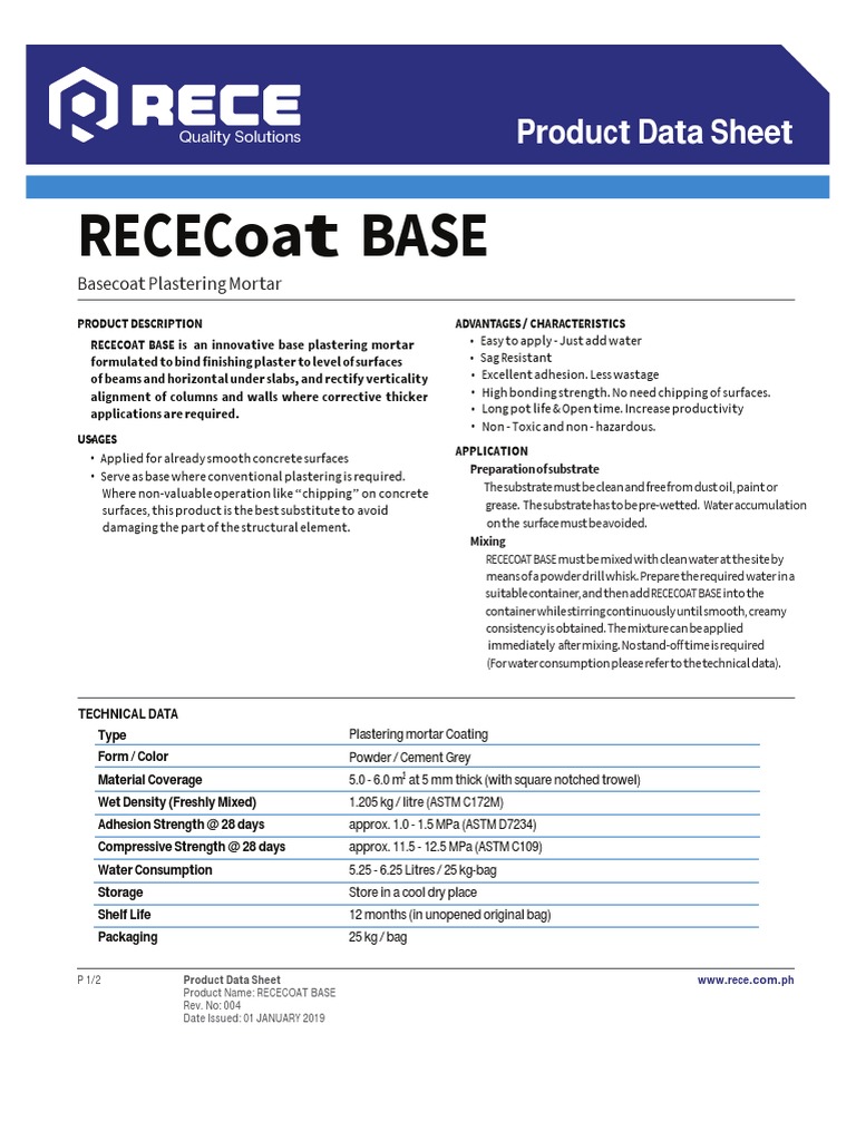 Rececoat Base Mortar Data Sheet | PDF | Concrete | Plaster