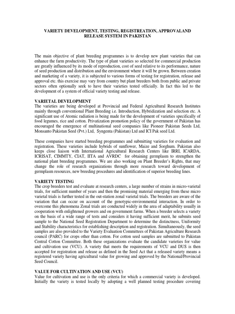 Variety Development, Testing, Registreation, Approvaland Release System ...