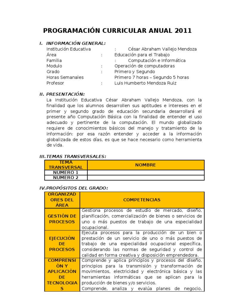 Programación Curricular Anual - Primero-Segundo | PDF | Evaluación ...