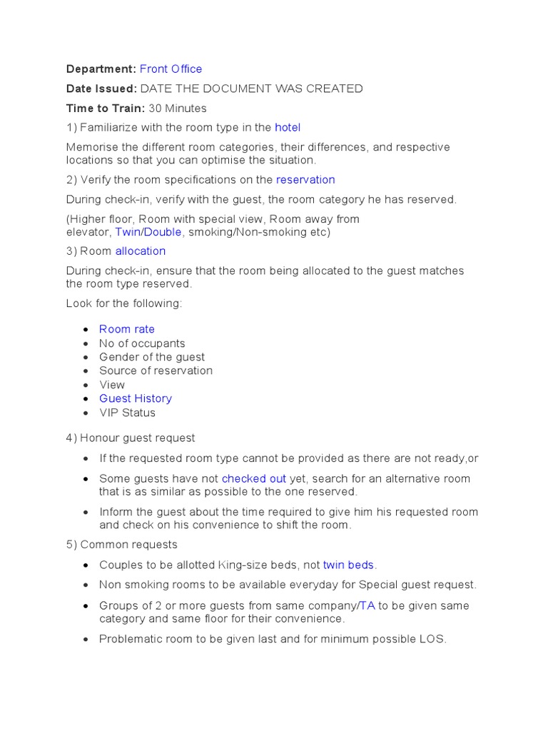 SOP - Front Office - Allocating Guest Room, Upgrade and Downgrade | PDF