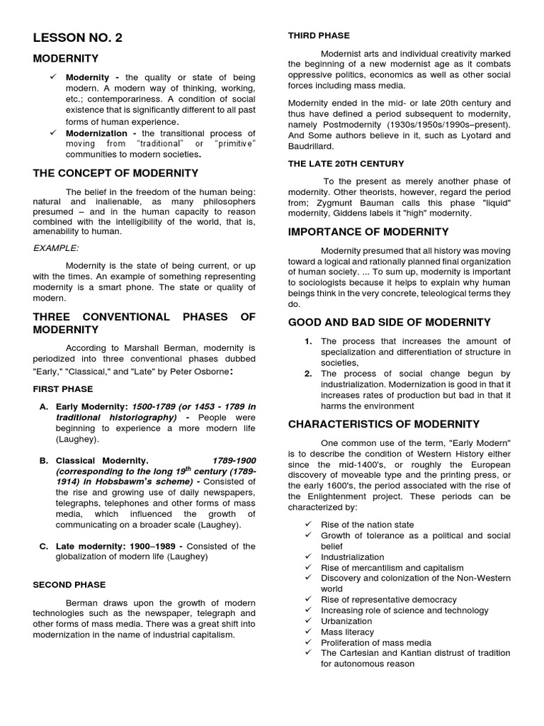 Lesson No. 2: Modernity | PDF | Modernity | Philosophical Theories