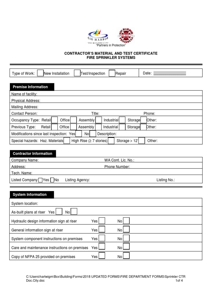 Contractor'S Material and Test Certificate Fire Sprinkler Systems ...