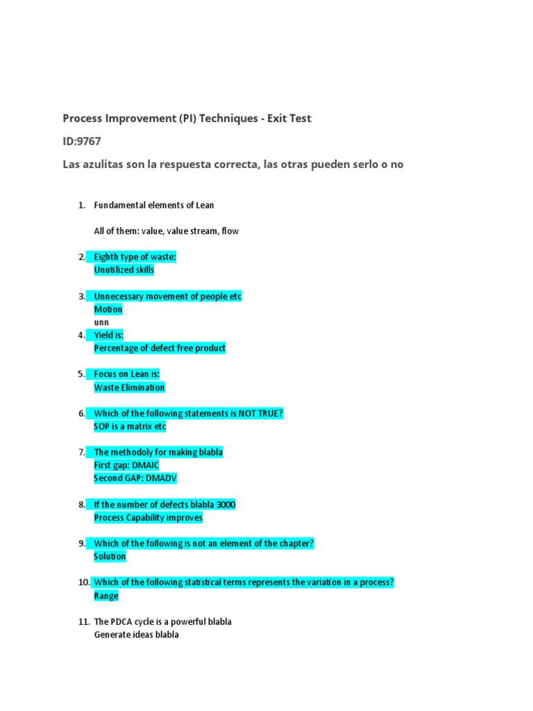 Process Improvement Quiz | PDF