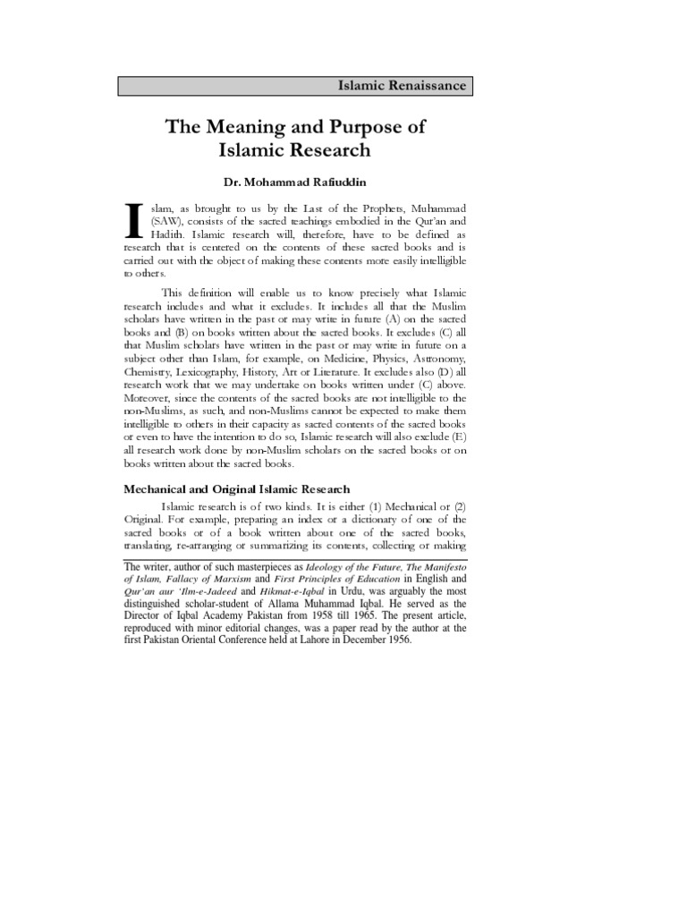 The Meaning and Purpose of Islamic Research by DR Muhammad Rafiuddin ...