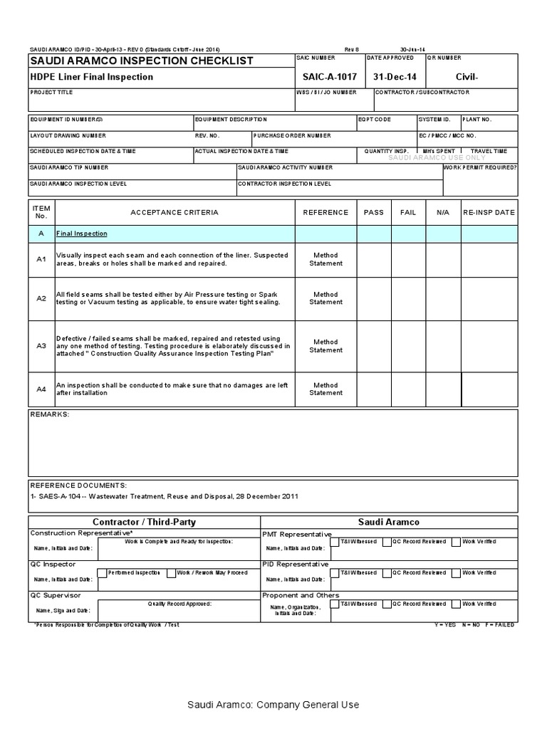 HDPE Liner Final Inspection Checklist | PDF | Business Process