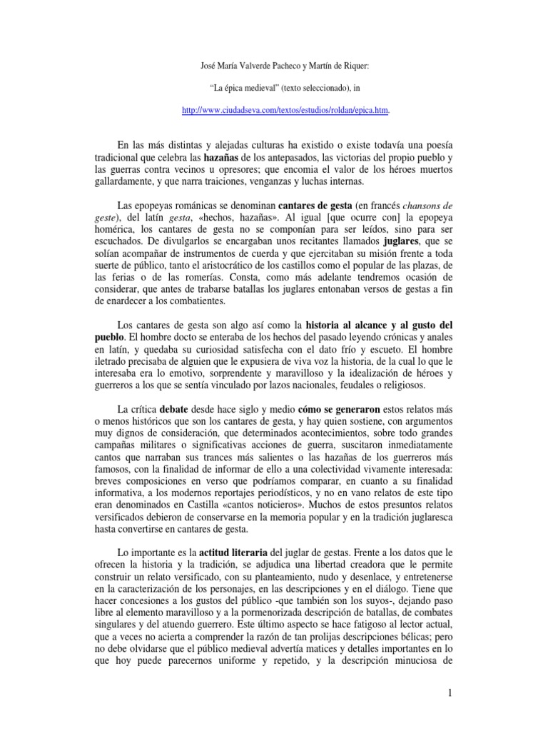 La épica medieval y sus cantares de gesta | PDF | Poesía épica | Poesía