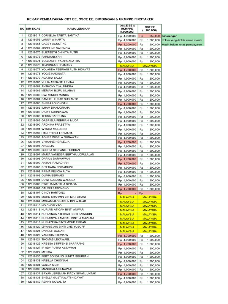 Rekap Pembayaran CBT Osce Ee, Bimbingan & Ukmppd Firstaker | PDF