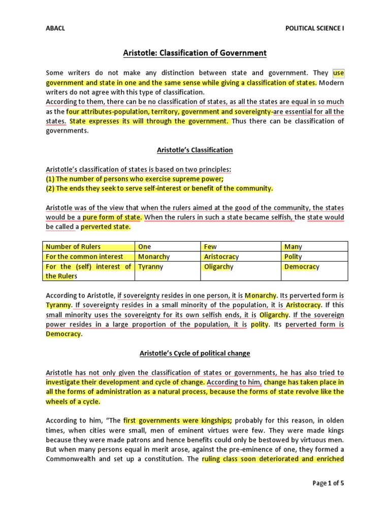 Aristotle's Classification of Government | PDF | Government | Political ...