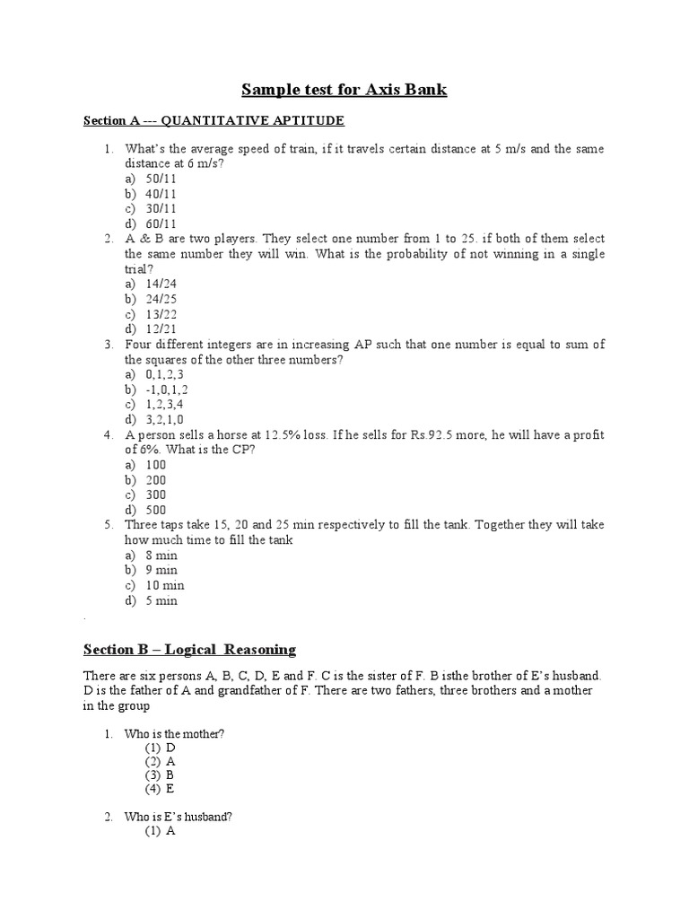 Sample Test For Axis Bank: Section A - Quantitative Aptitude | PDF