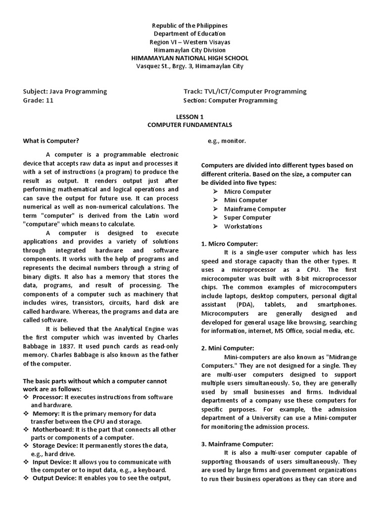 Subject: Java Programming Track: TVL/ICT/Computer Programming Grade: 11 | Download Free PDF ...