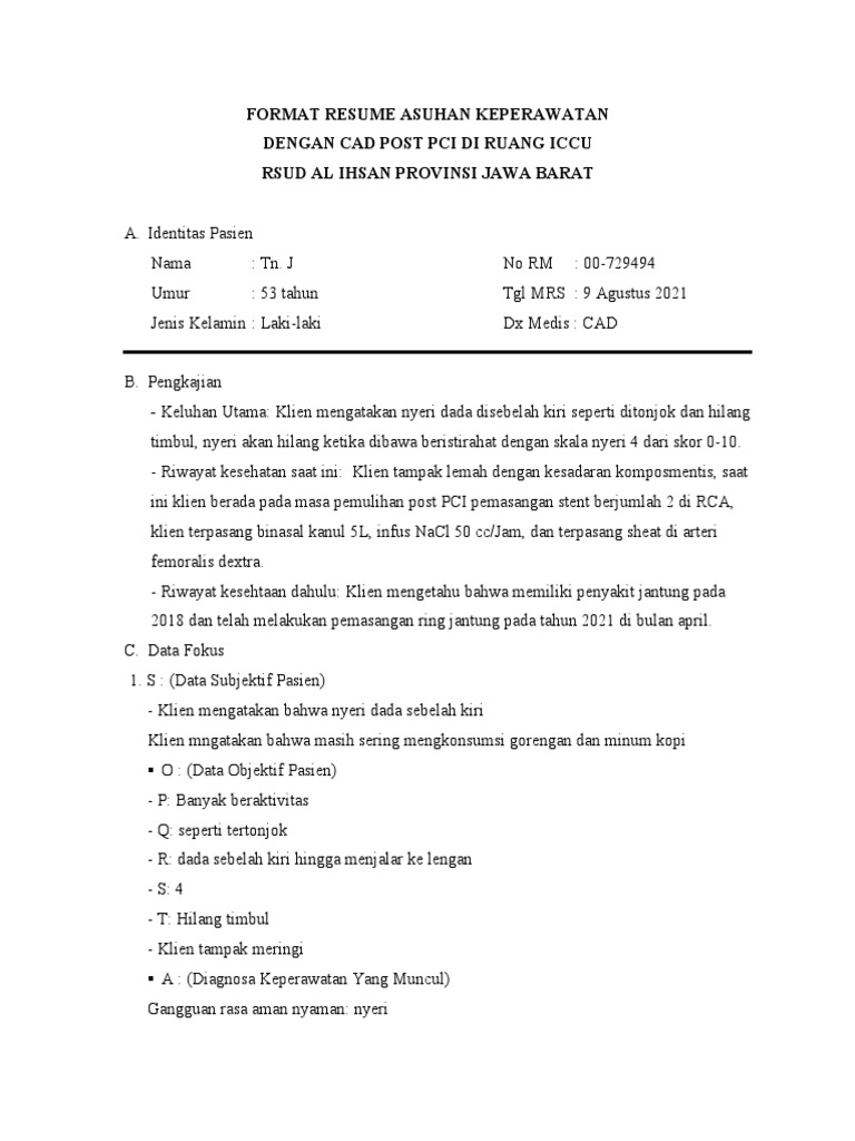 Format Resume Asuhan Keperawatan Dengan Cad Post Pci Di Ruang Iccu Rsud Al Ihsan Provinsi Jawa ...
