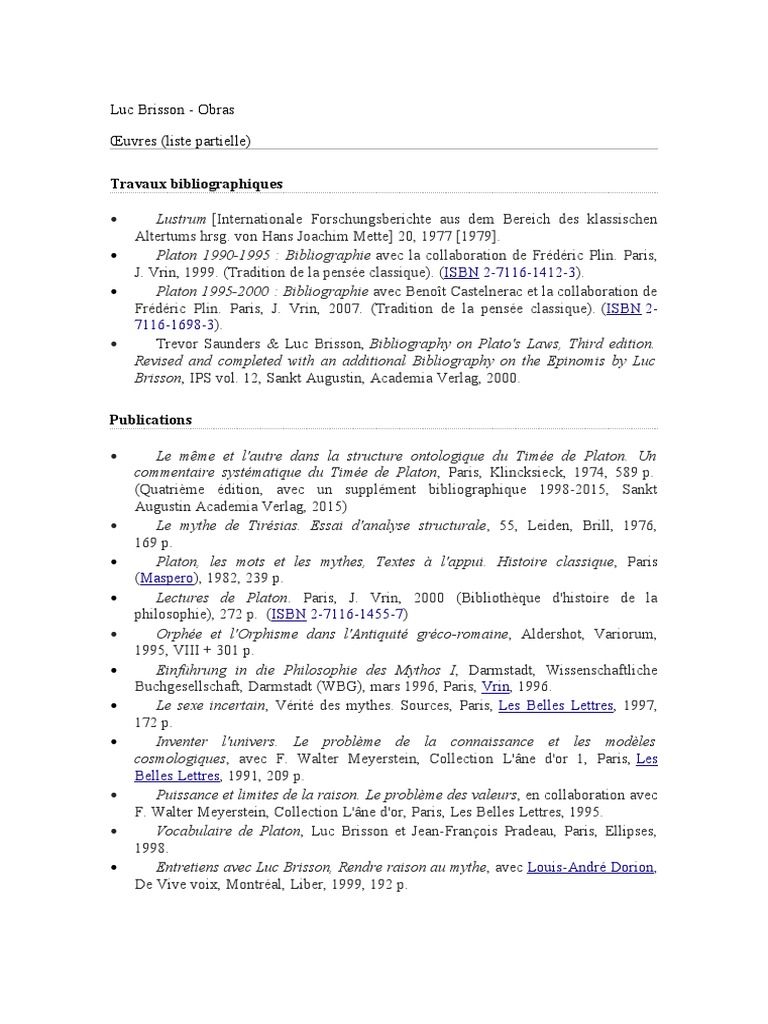 Luc Brisson - Obras | PDF | Platon | Platonisme (doctrine philosophique)