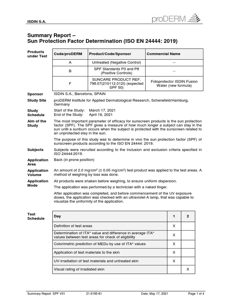 Summary Report - Sun Protection Factor Determination (ISO EN 24444: ...