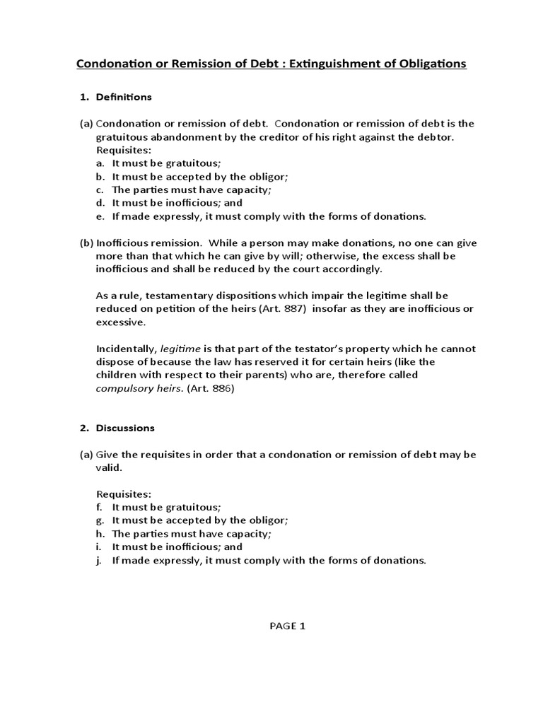 Condonation or Remission of Debt: Extinguishment of Obligations | PDF ...