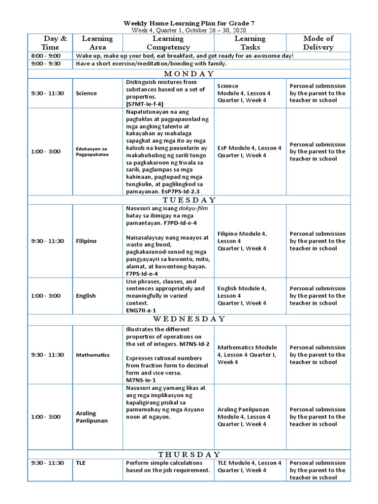 Weekly Home Learning Plan 7 Week 4 | PDF | Mathematics | Cognition