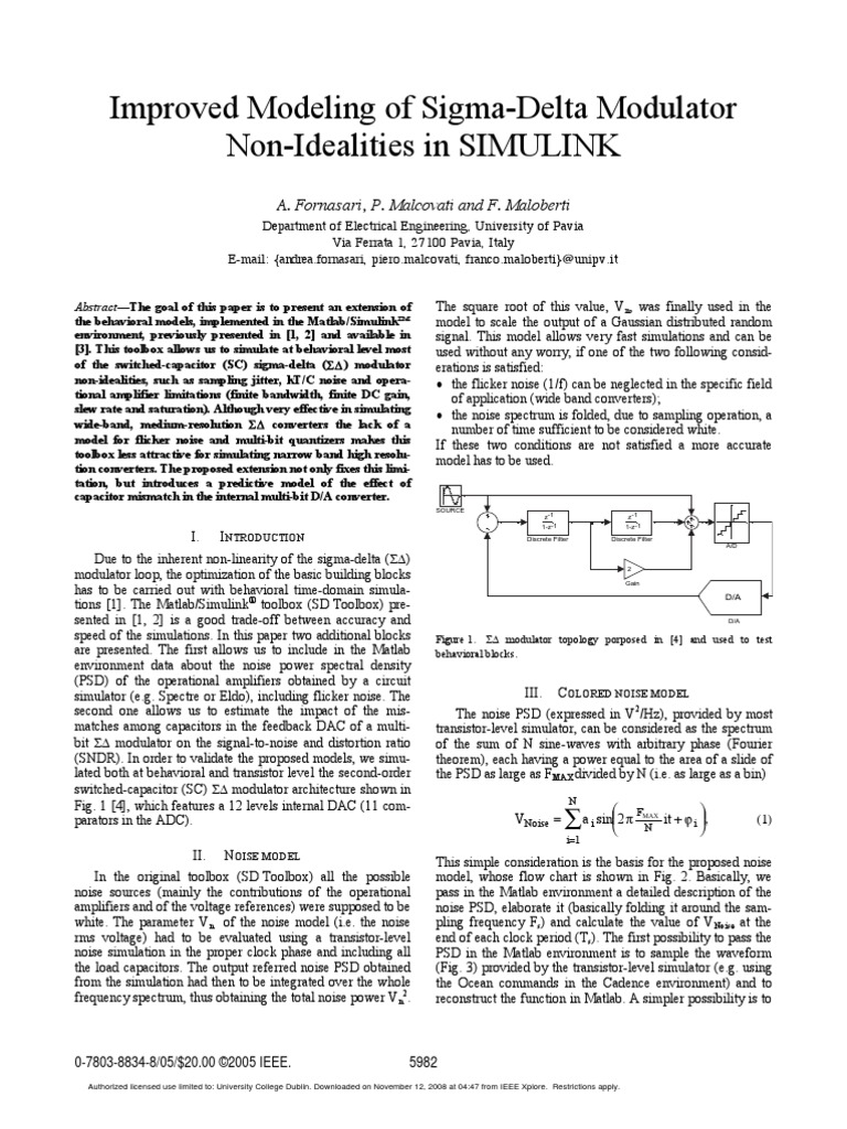 Improved Modeling of Sigma-Delta Modulator Non-Idealities in Simulink ...