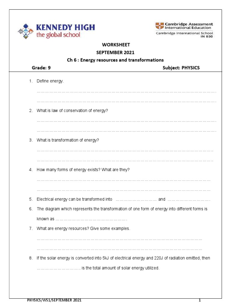 Igcse Physics Energy Transformation and Transfers WS | PDF