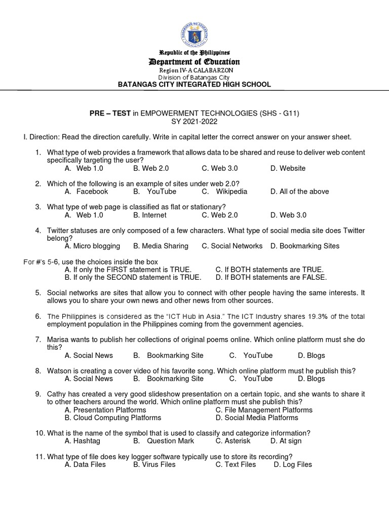 Department of Education: PRE - Test in Empowerment Technologies (Shs ...