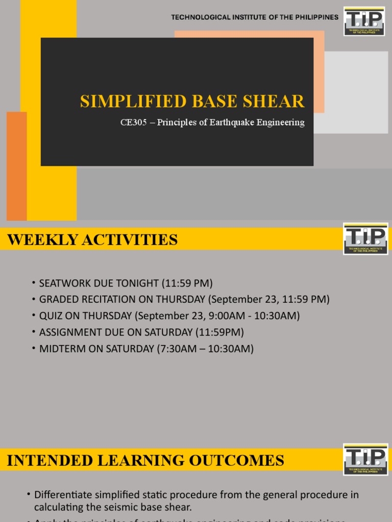 Simplified Base Shear: CE305 - Principles of Earthquake Engineering ...