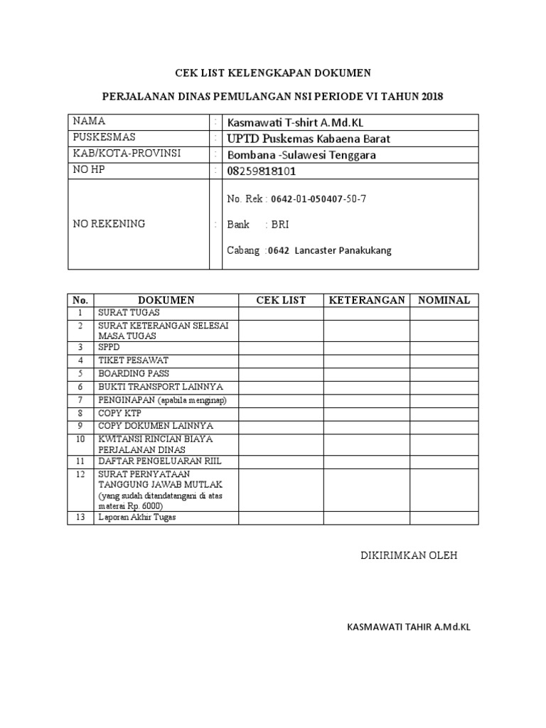Cek List Dokumen Perjalanan Dinas | PDF