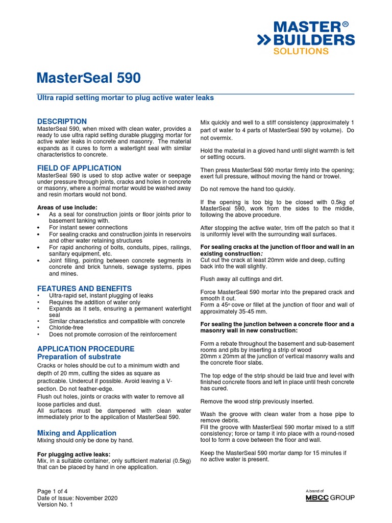 Masterseal 590 Tds | PDF | Concrete | Sanitary Sewer